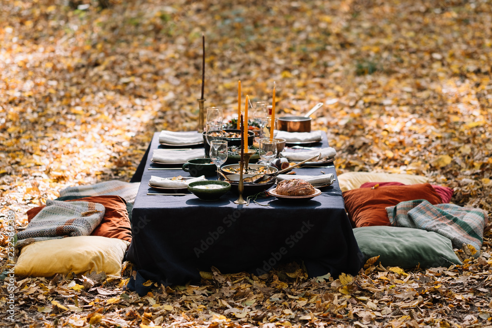 Outdoor dining setup, Table setting for the dinner party in the forest ...