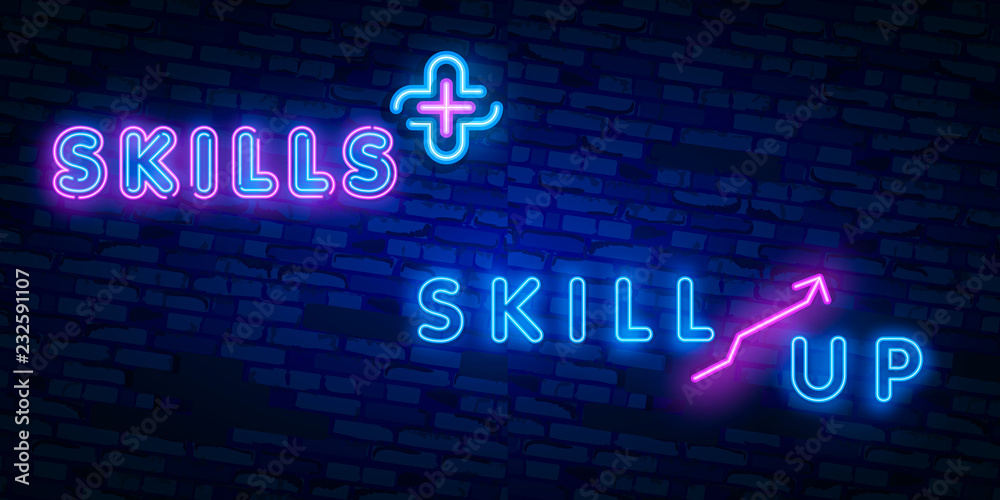 Vetor de Skills blue glowing neon ui ux icon. Glowing sign logo vector ...