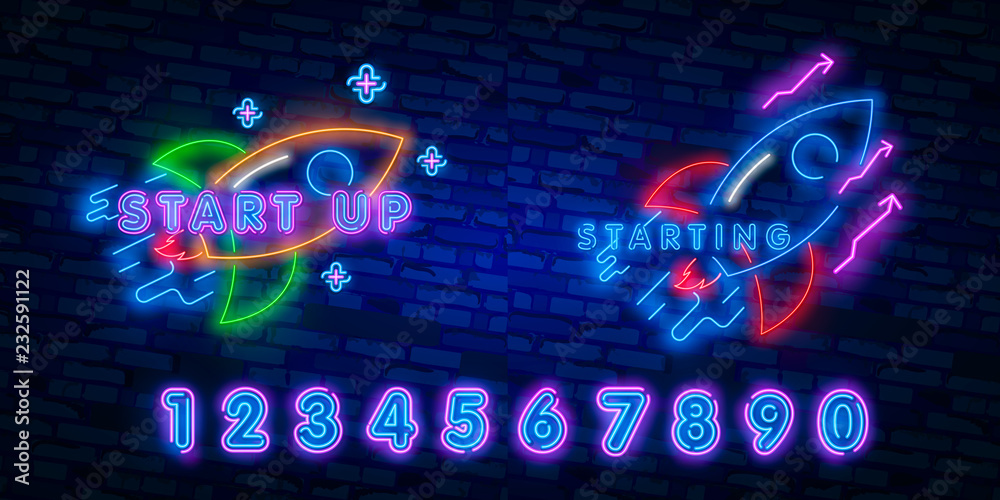 Rocket light neon colorful red blue yellow Vector and illustration ...