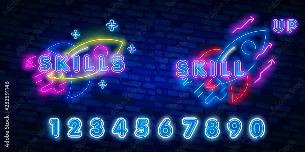 Skills blue glowing neon ui ux icon. Glowing sign logo vector. Happy ...