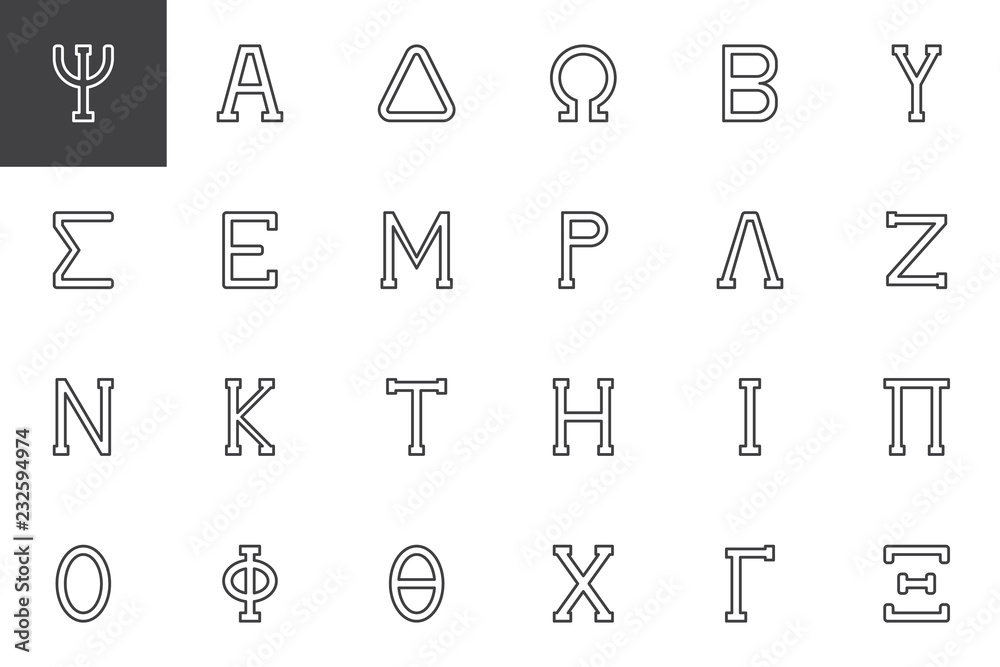 Greek Alphabet Symbols Outline Icons Set Linear Style Symbols