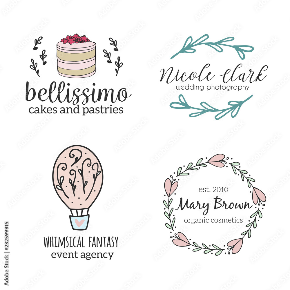 Set of hand drawn cute, stylish and simple premade logo designs for ...