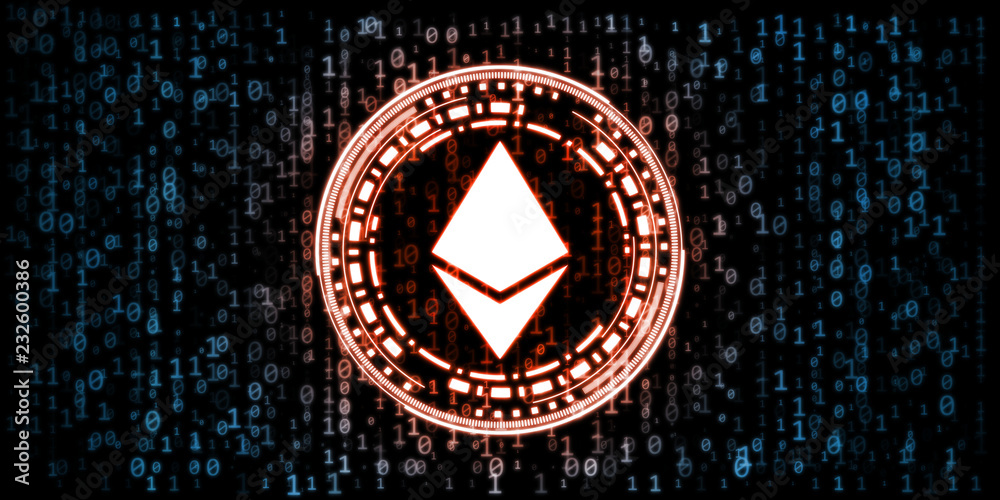 Red glowing ethereum(ETH) coin data in zero and one digit numbers format on blue binary ...