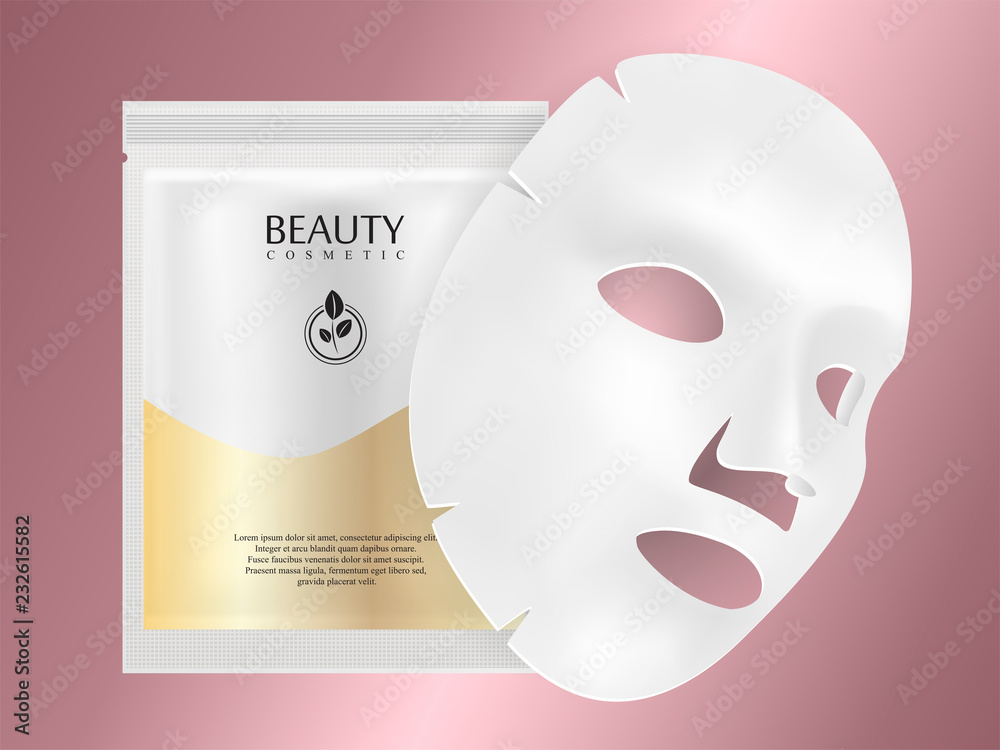 White Facial mask sheet with individual collagen sachet on rose gold ...