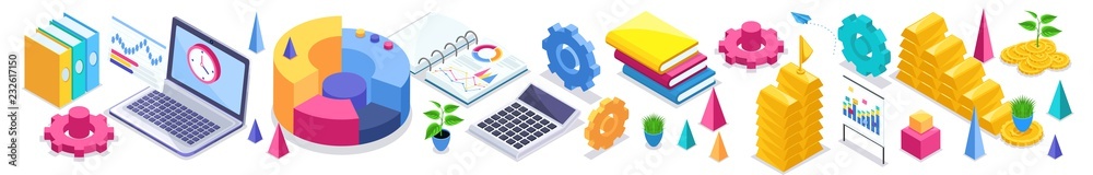 Isometrics set of bright business icons, diagram, graphs, data ...