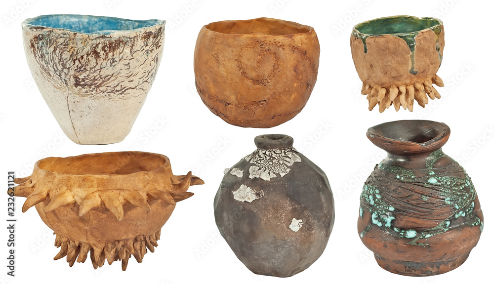 Clay handmade is isolated on a white background. Ceramic products with ...