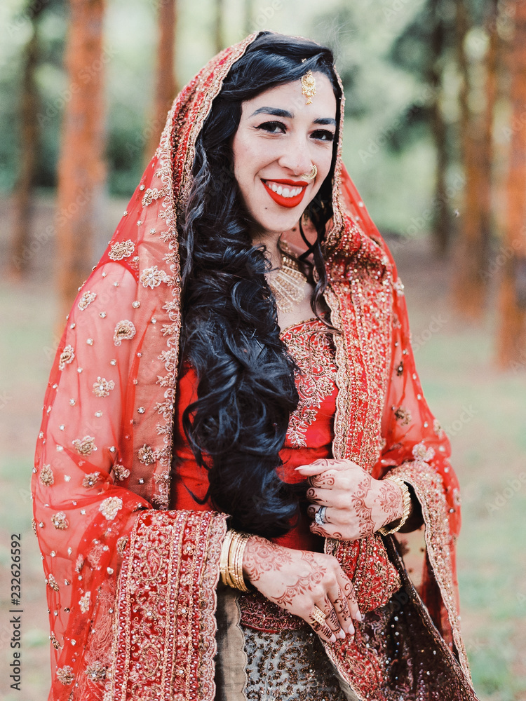 Portrait of an indian bride wearing traditional wedding sari Stock ...