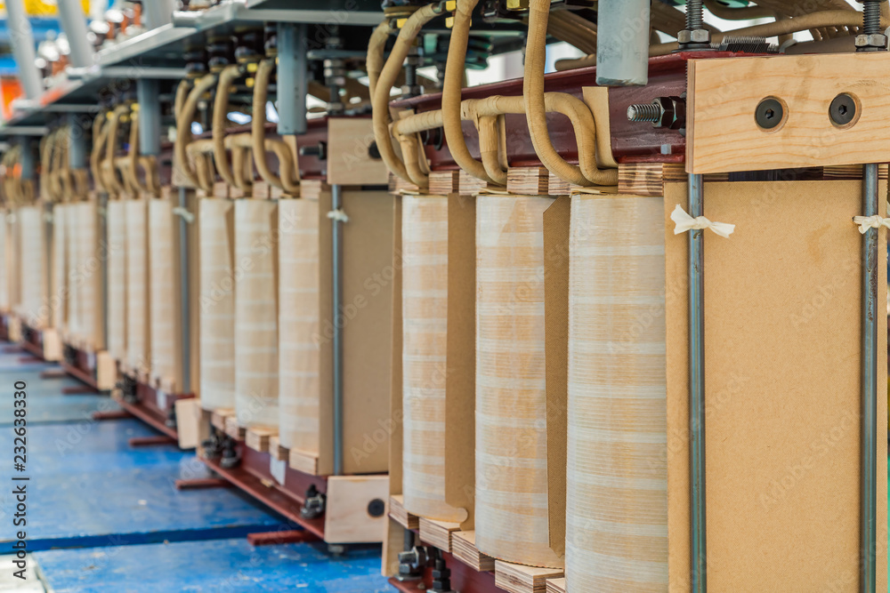 Internal active parts (core and coils) of transformer in production ...