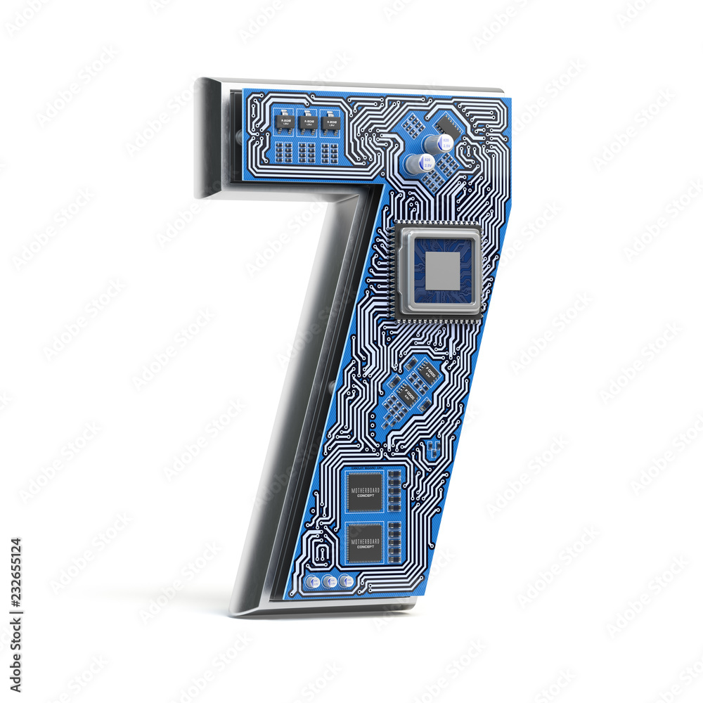 Number 7 seven, Alphabet in circuit board style. Digital hi-tech letter ...