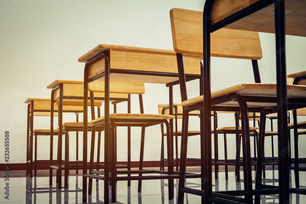 Empty School classroom with desks chair wood, greenboard and whiteboard ...