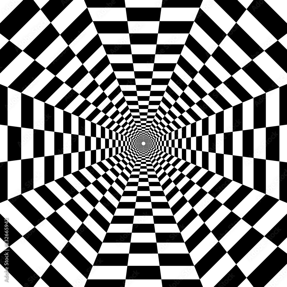 octagonal tunnel out into the distance, black and white geometric ...