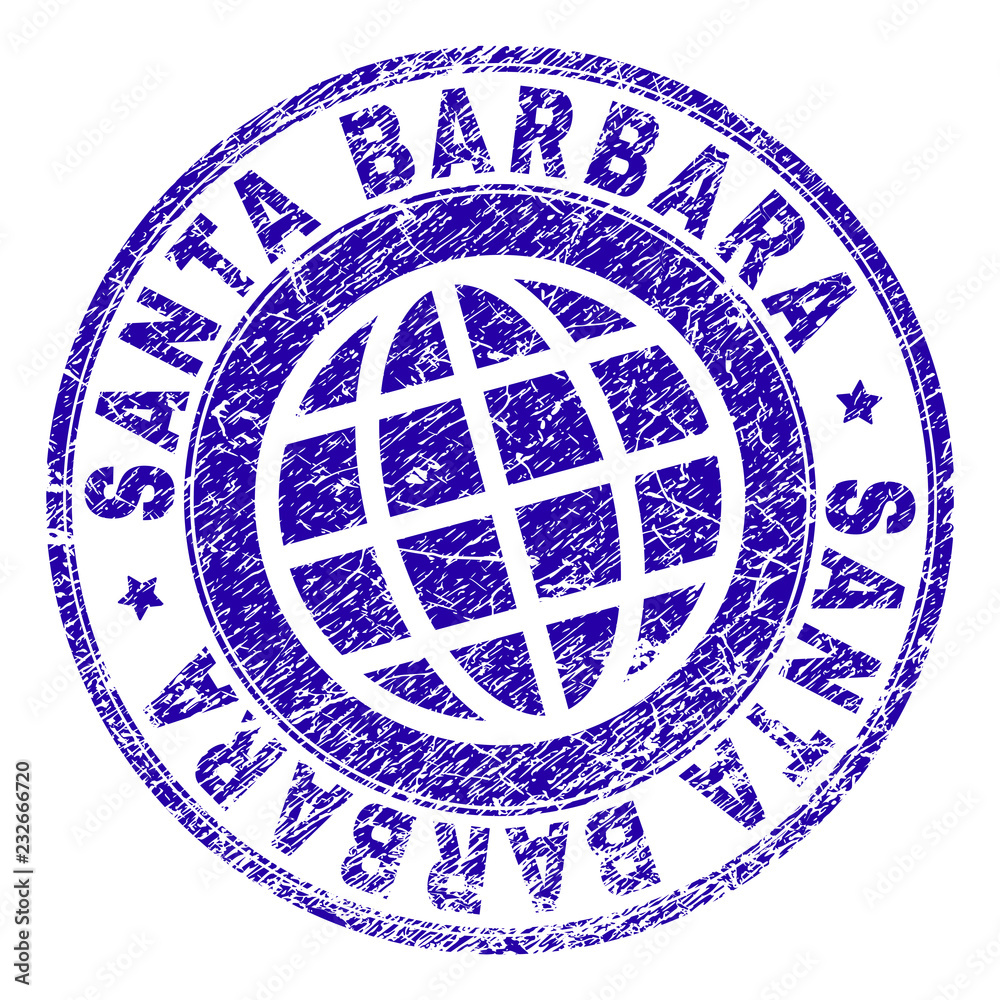 SANTA BARBARA stamp print with distress texture. Blue vector rubber ...