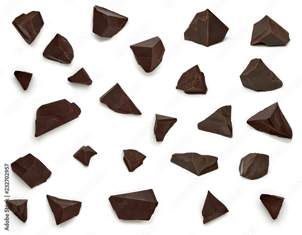 Broken, cracked or crushed dark chocolate parts from top view isolated ...