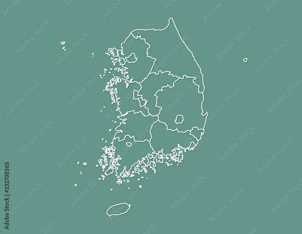 White South Korea map with border lines of different provinces on dark ...