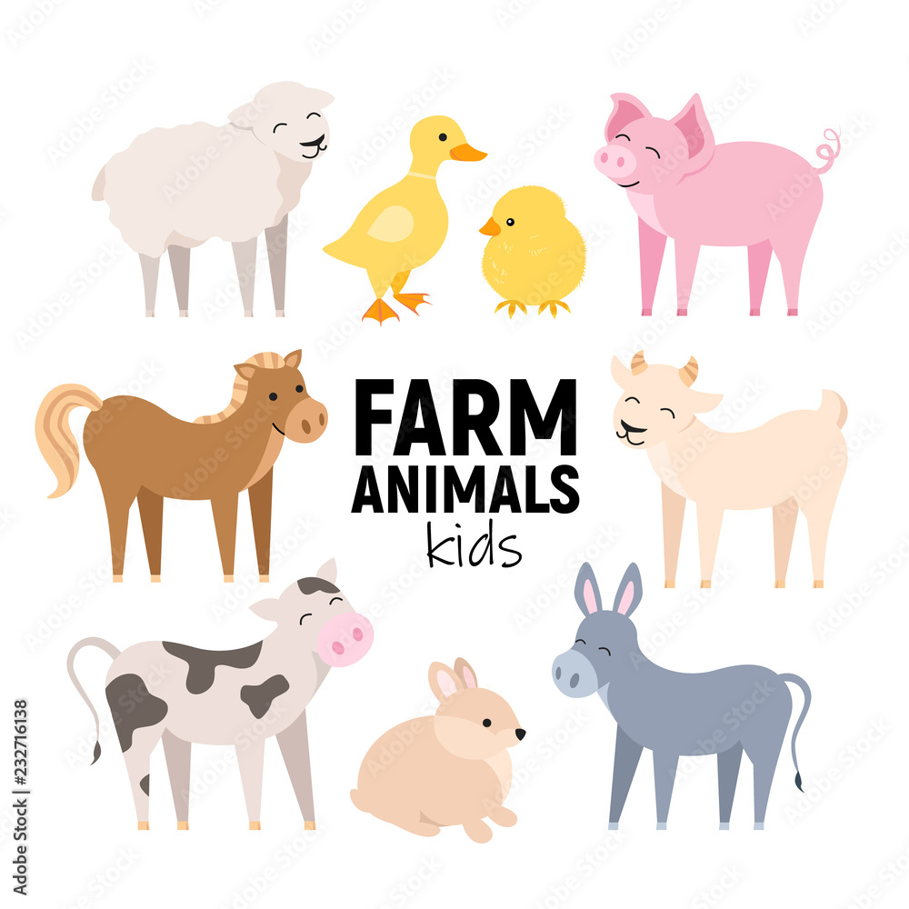 Cute farm animals cow, pig, lamb, donkey, bunny, chick, horse, goat ...