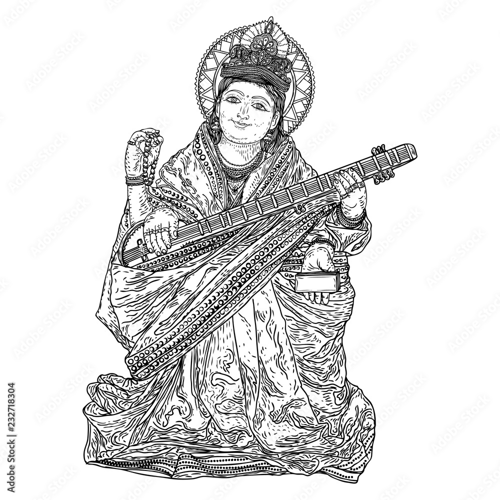 Hand drawn illustration of Goddess Saraswati for Vasant Panchami Puja ...