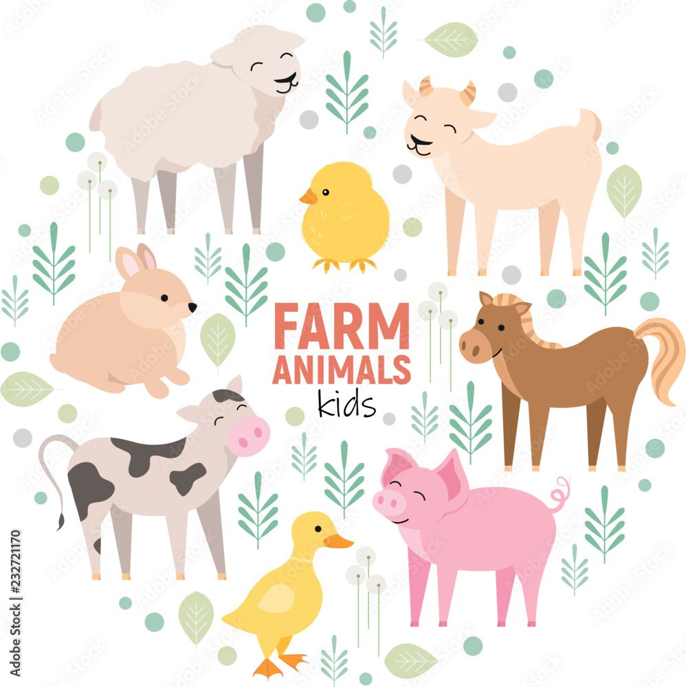 Cute farm animals cow, pig, lamb, donkey, bunny, chick, horse, goat ...