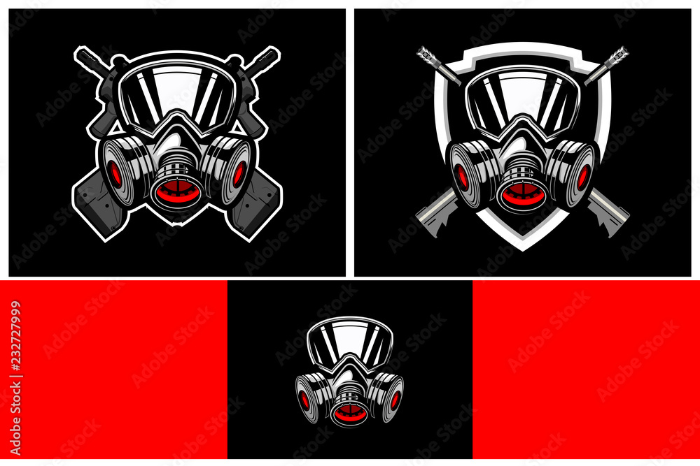 gas mask with rifle and shield badge logo vector template Stock Vector ...