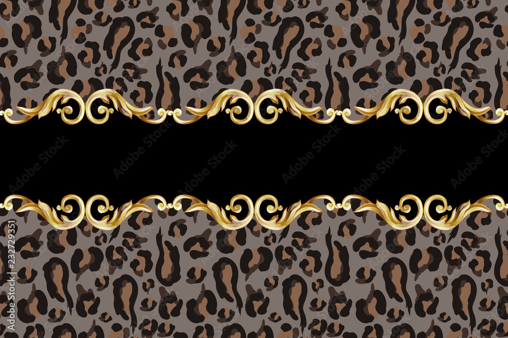 Seamless border with leopard skin and golden baroque elements. Vector ...