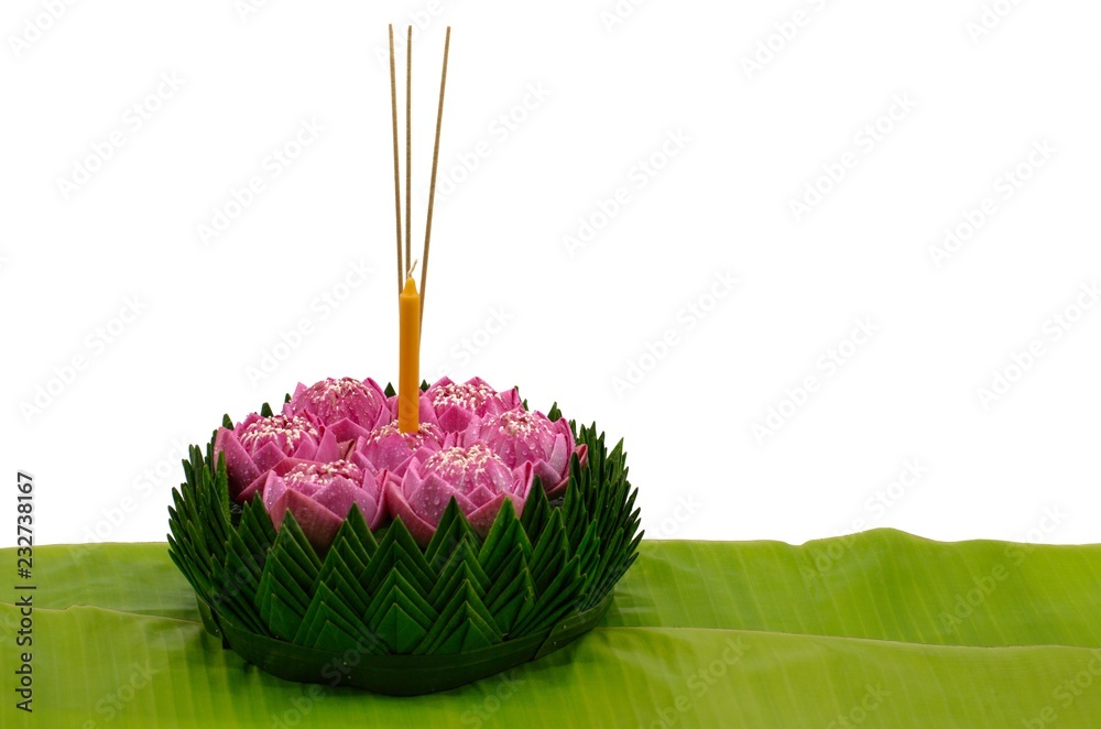 Banana leaf Krathong that have 3 incense sticks and candle decorates ...