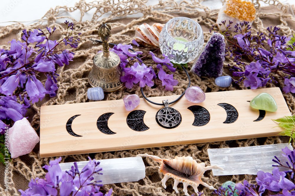 Full Moon Witch Pagan Altar decorations with Moon Phases, crystals ...