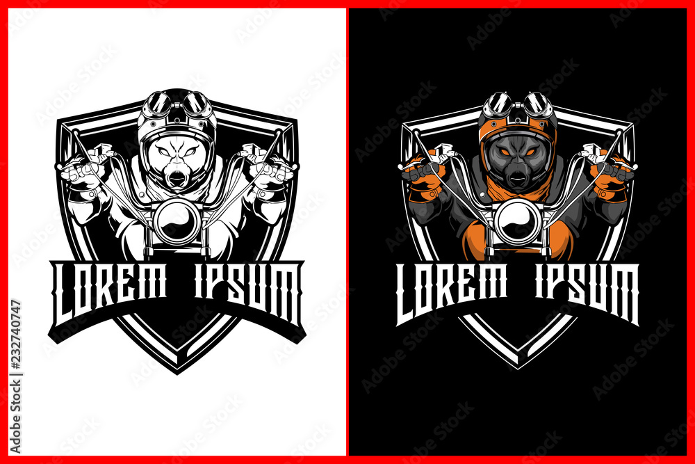biker dog or wolf riding riding a motorcycle with shield badge logo ...