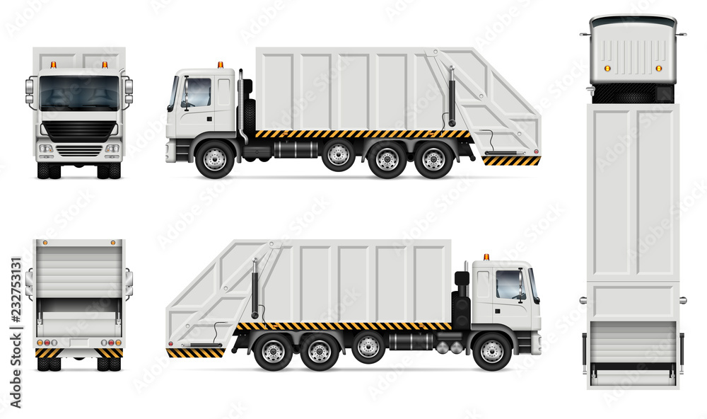 Realistic white garbage truck vector mockup. Isolated template of dump ...