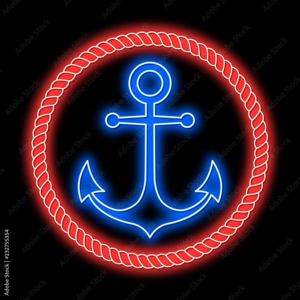 Neon anchor in a rope frame. Blue anchor in red frame on a black ...