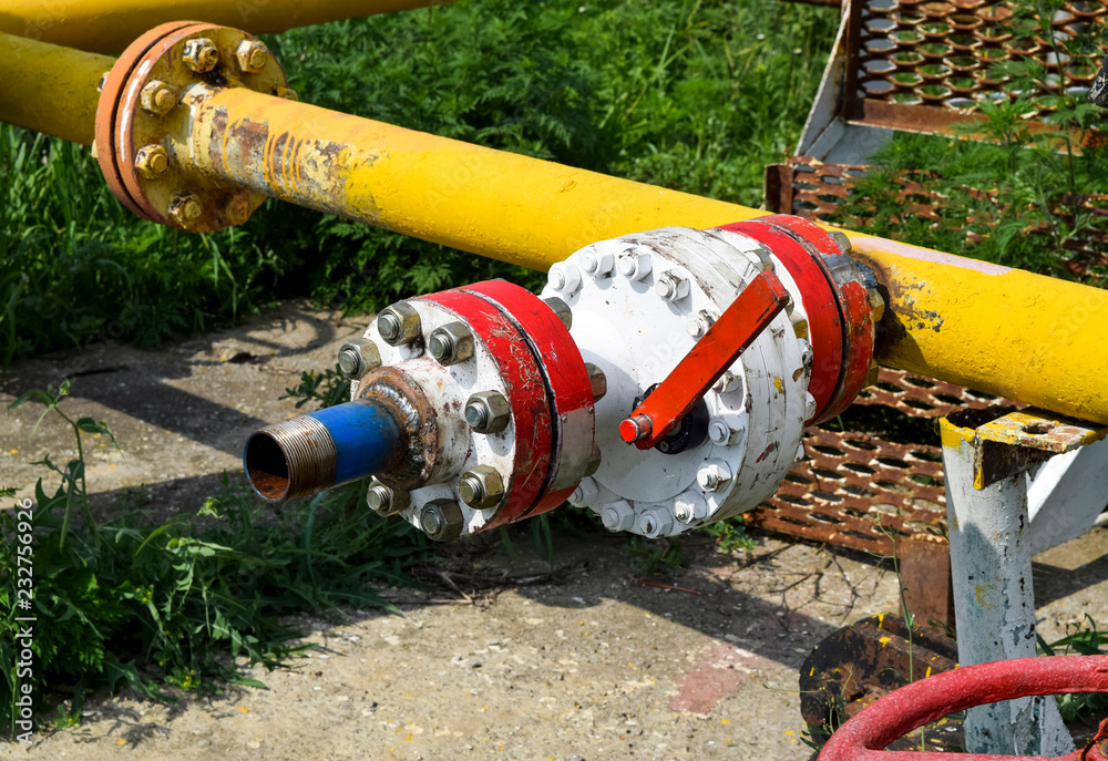 Manual shut-off valve on oil well. Oil well wellhead equipment Stock ...