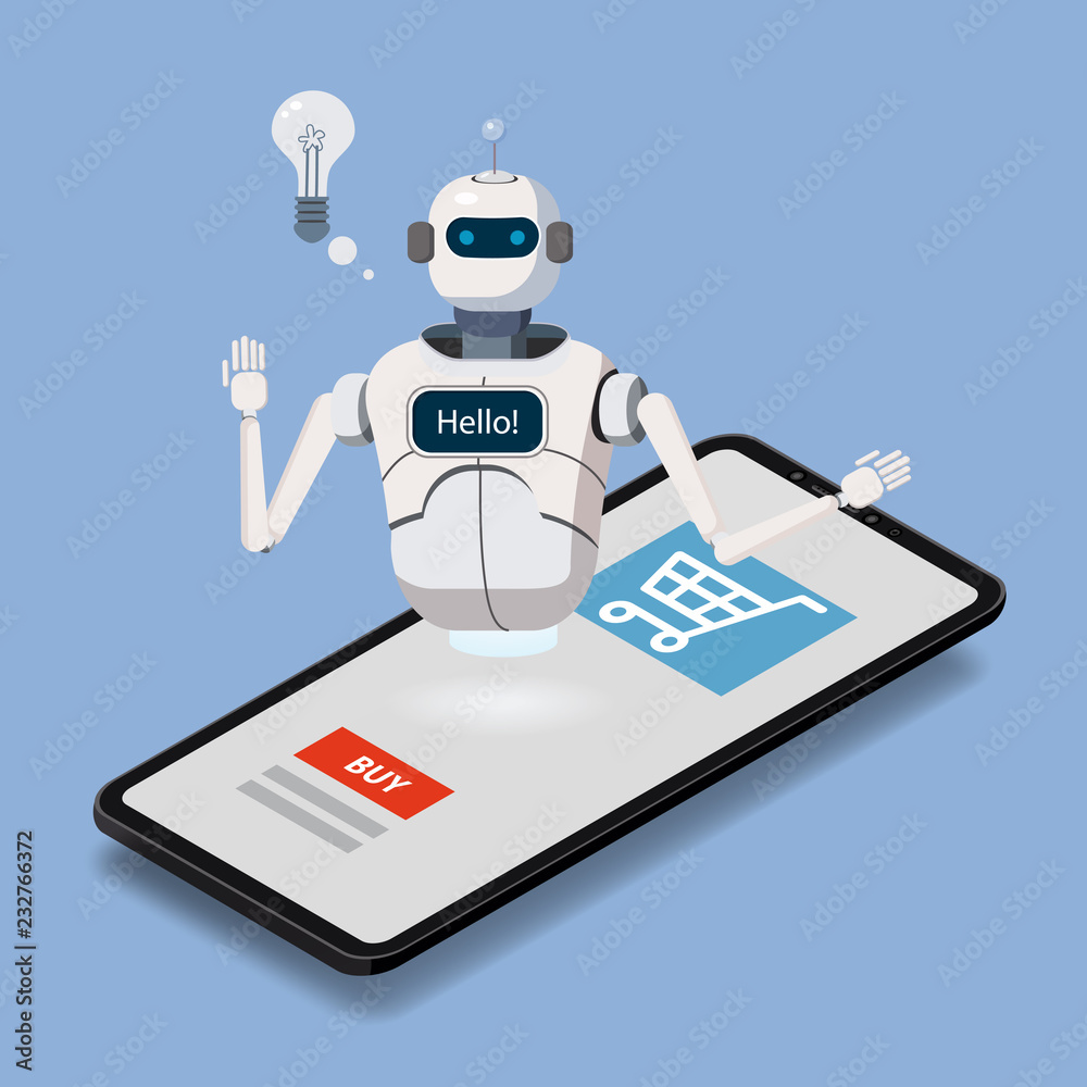 Isometric Science Chat bot, smartphone concept. On line store, shopping ...