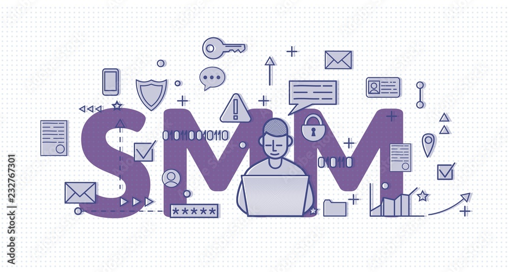 SMM, social media marketing. Concept with a charcter, letters and icons ...