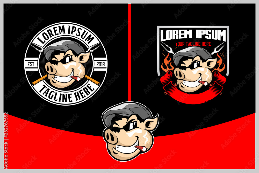 hog or pork head animal cartoon character wearing flat hat and ...