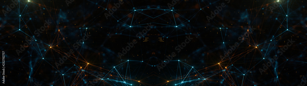 Abstract ultra wide plexus structure of many glowing lines and ...