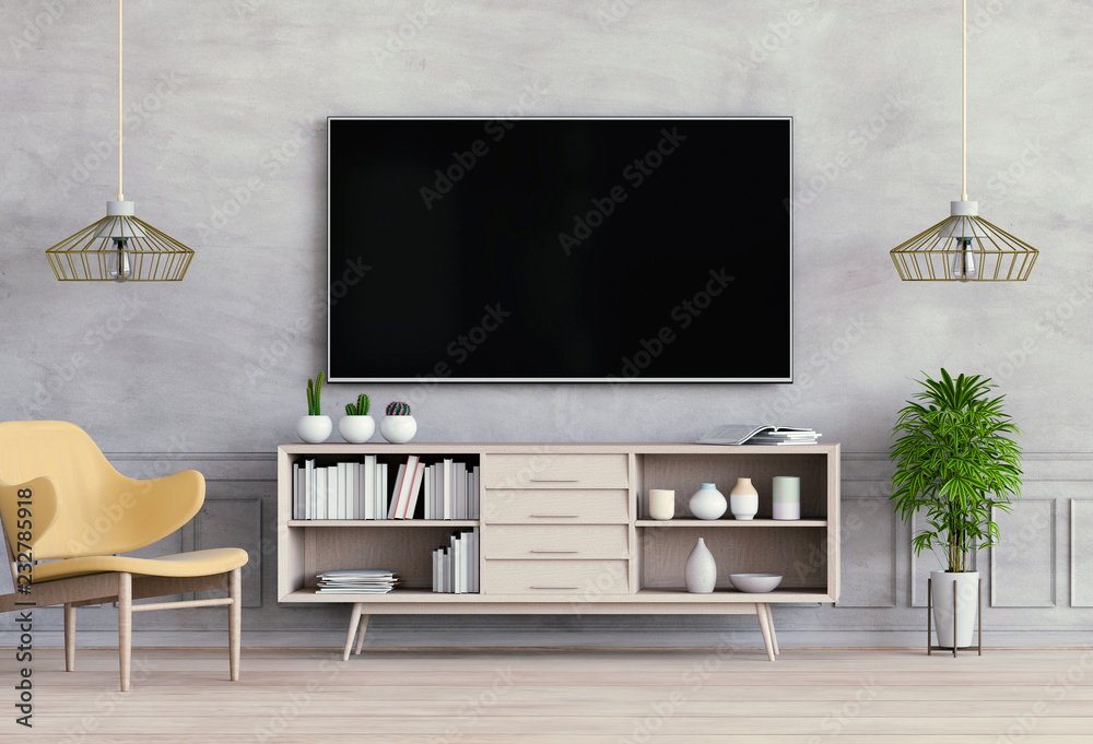 3D rendering of interior living room with Smart TV Stock Illustration ...