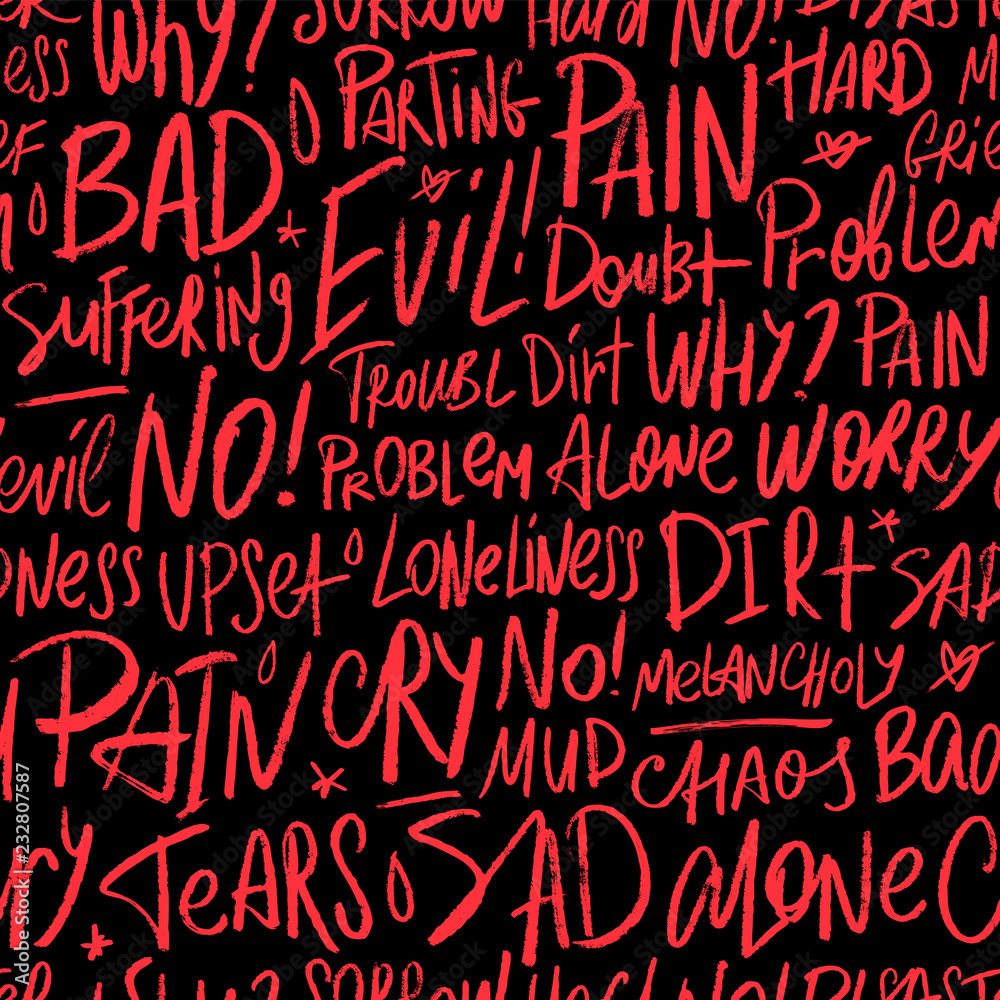 Vector seamless pattern with the bad words Pain, dirt, upset, angry ...