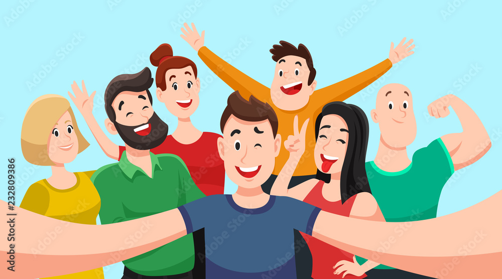 People group selfie. Friendly guy makes group photo with smiling ...