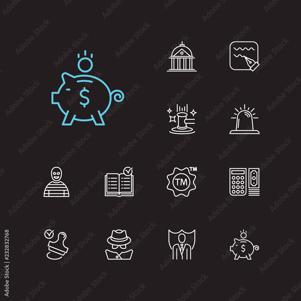 Legal icons set. Stamp and legal icons with trademark, bank and ...