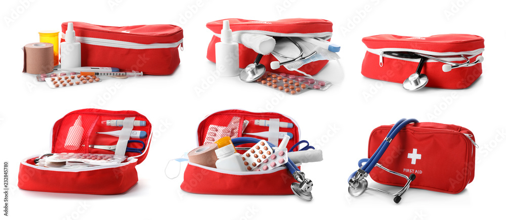Set with first aid kits on white background Stock Photo | Adobe Stock