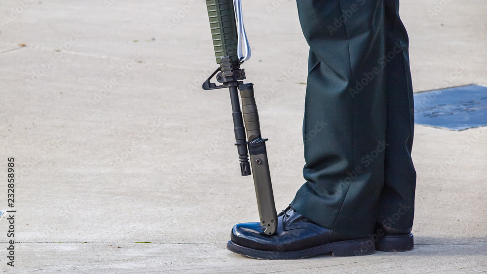Feet of soldier with rifle on toe, remembrance day ceremony, on guard ...