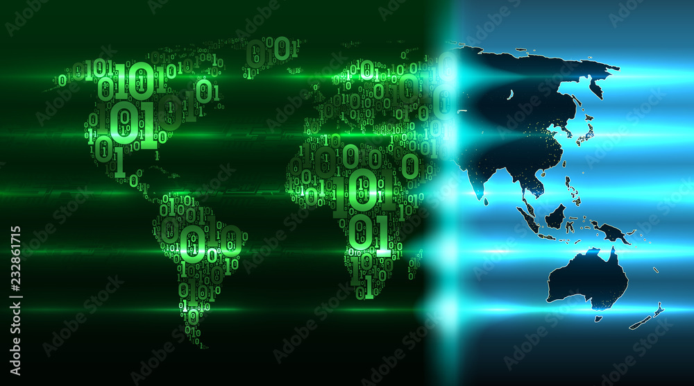 World map of the Earth with continents from a binary code with a ...