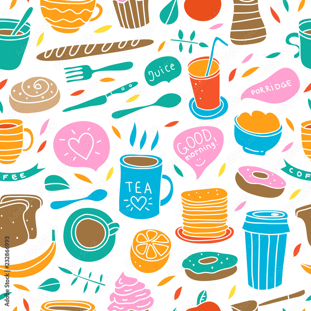 Cute vector breakfast seamless pattern. Background with food and drink ...