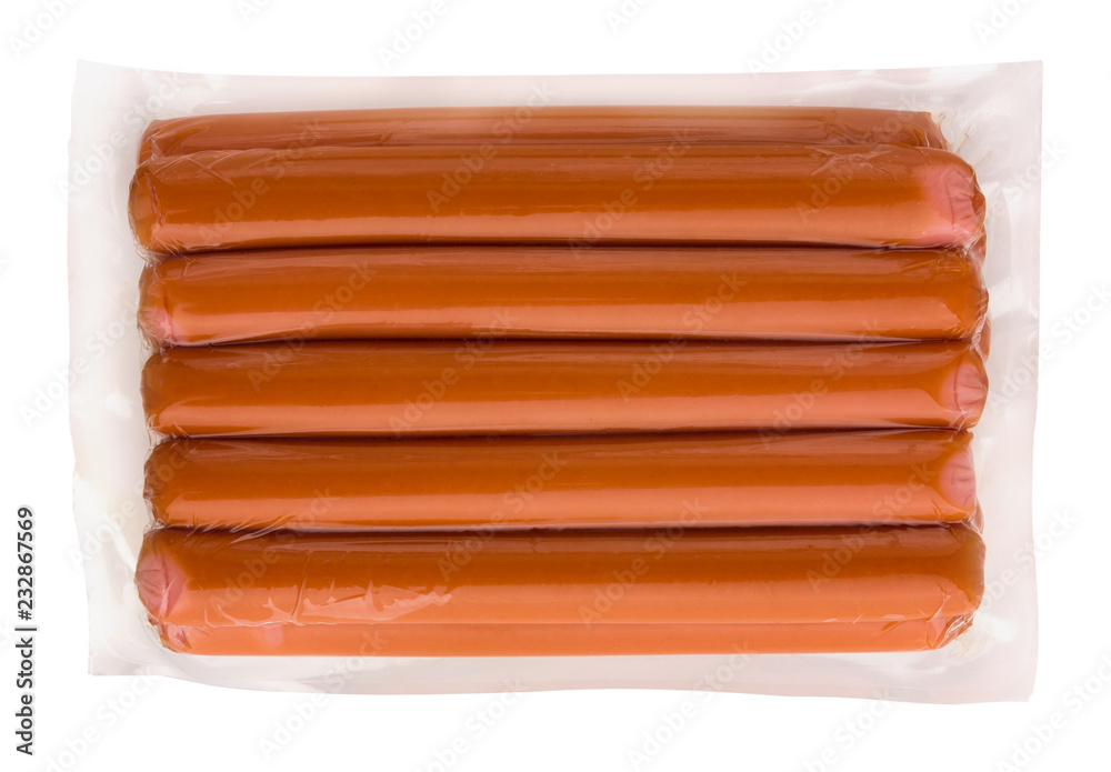 Sausages in vacuum packaging on a white background. A pack of sausages ...