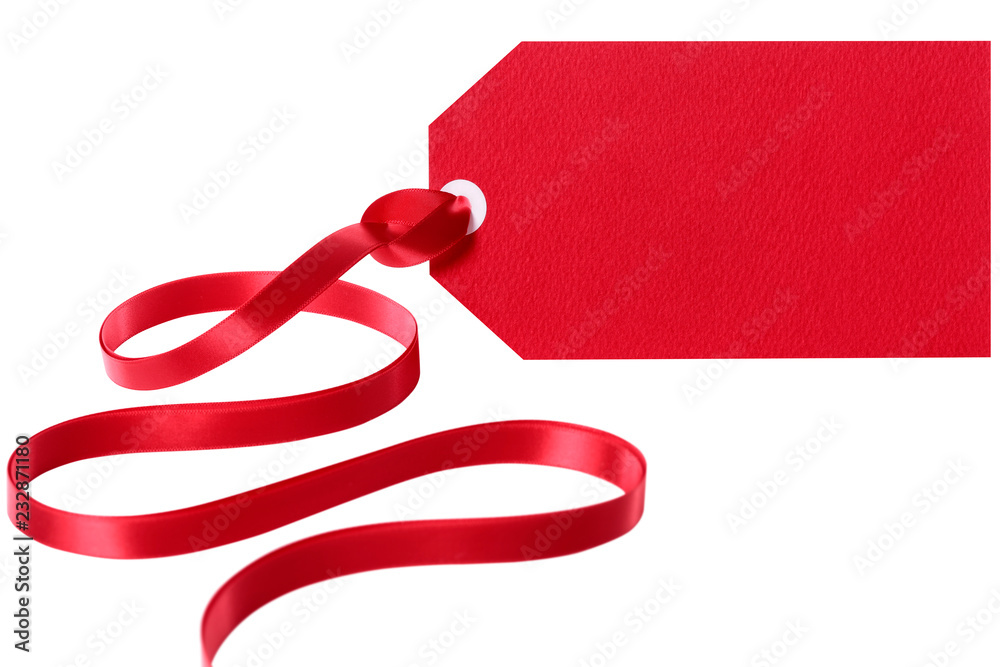Red gift tag label with ribbon isolated white Stock Photo | Adobe Stock