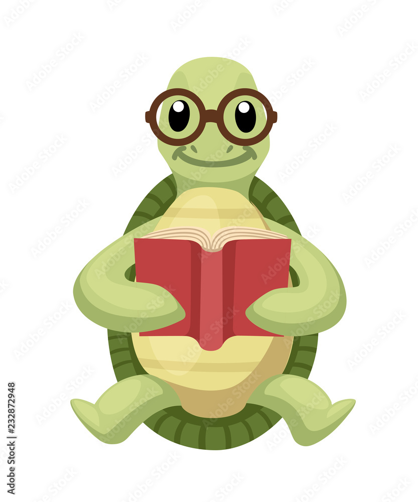 Happy cute turtle sit and read book ,with smile. Turtle with glasses ...