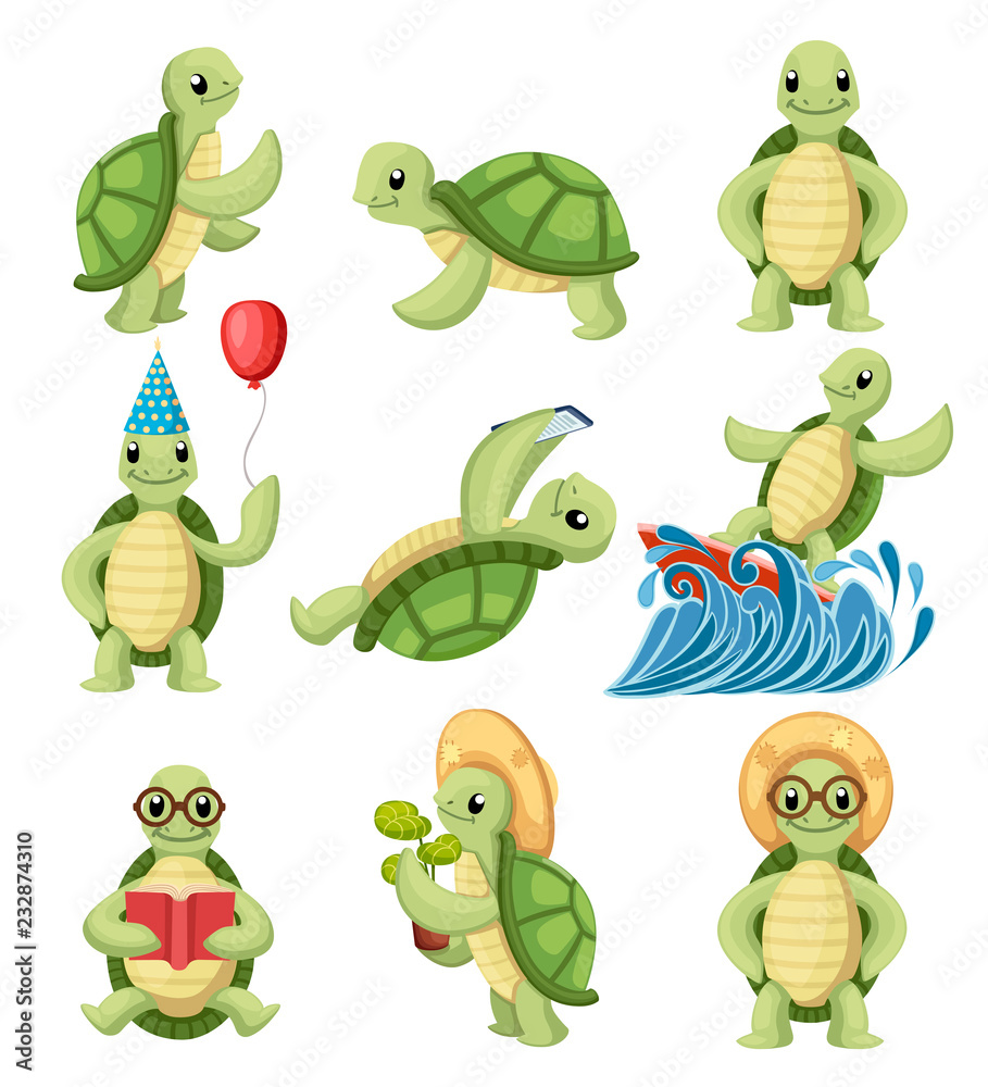 Collection of turtles cartoons characters. Little turtles do different ...
