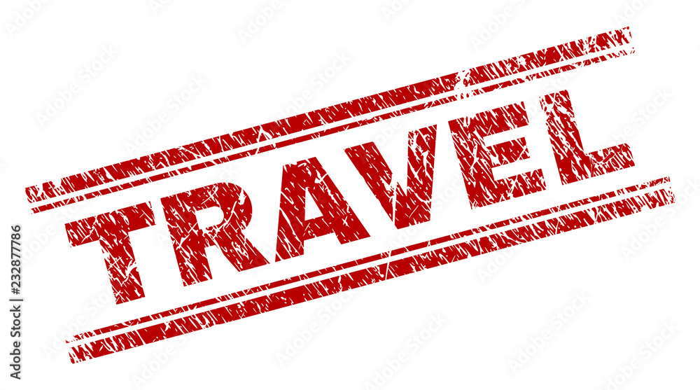 TRAVEL seal watermark with corroded texture. Red vector rubber print of ...