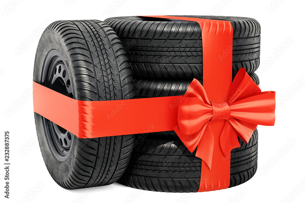 Car wheels wrapped ribbon and bow, gift concept. 3D rendering Stock ...