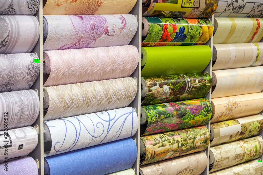 Showcase in shop with wallpaper. Great choice in a warehouse Stock ...
