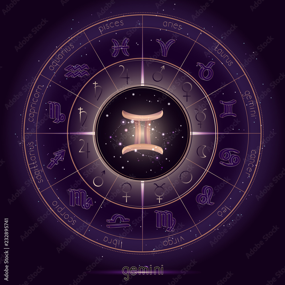 Zodiac sign and constellation GEMINI with Horoscope circle on the ...