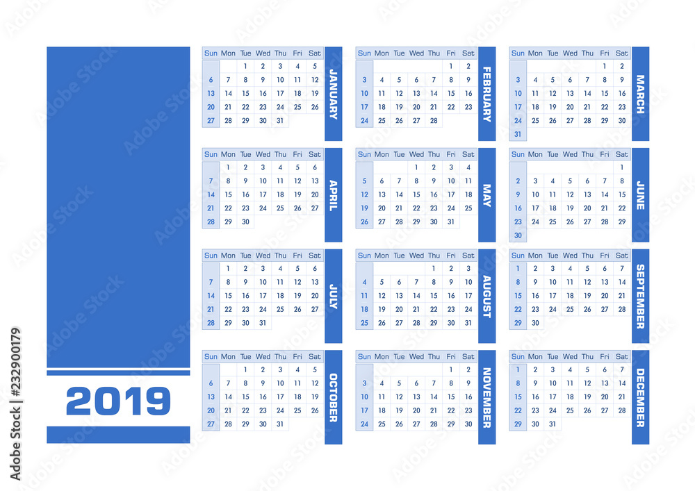 Blue 2019 English calendar. Vector illustration with blank space for ...
